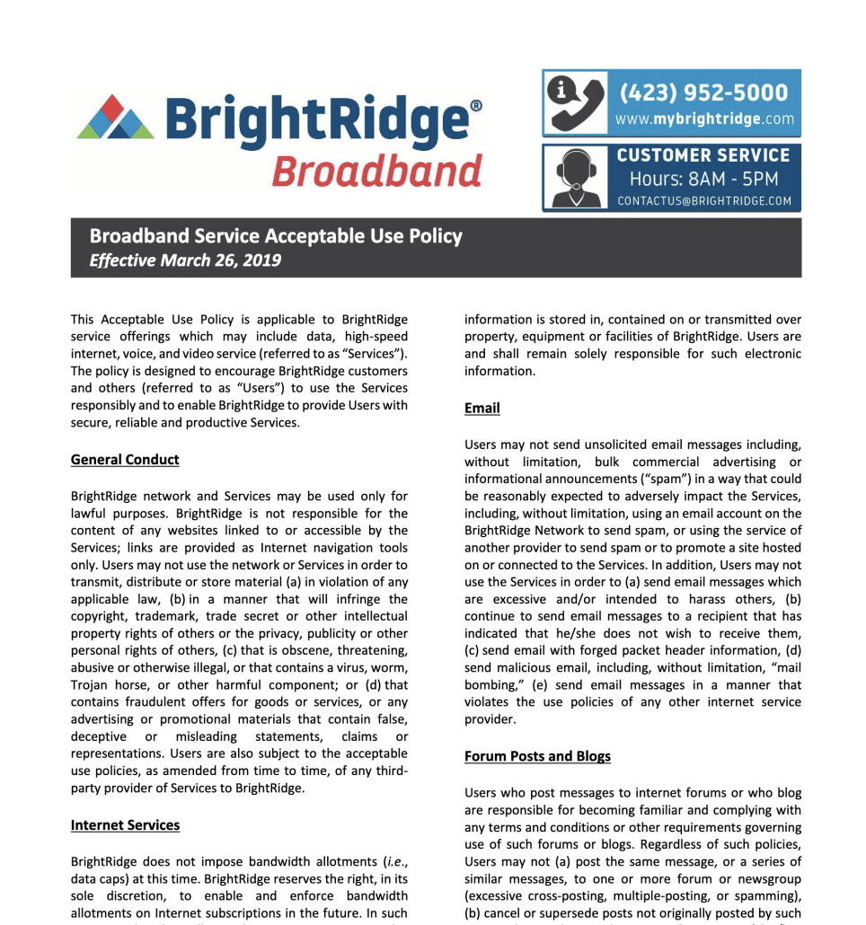 Document Library - BrightRidge Broadband